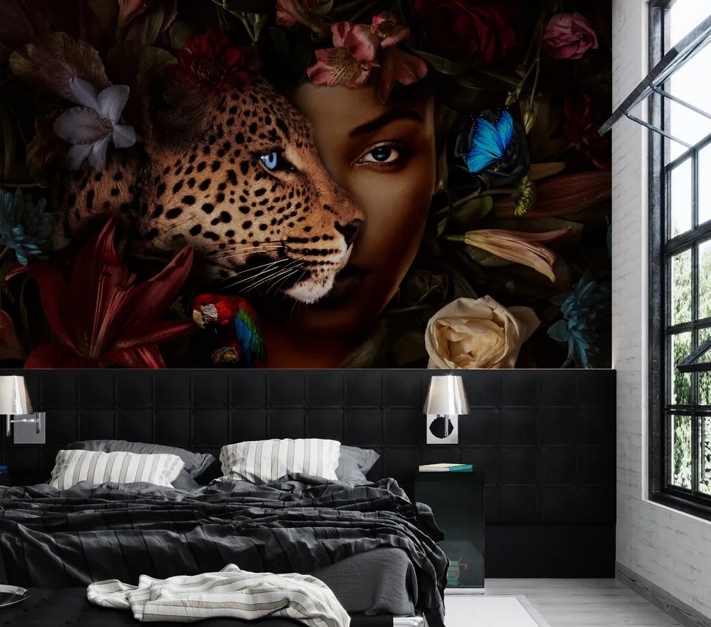 Colorful Spring Dark Flowers And Leopard & Woman Wallpaper