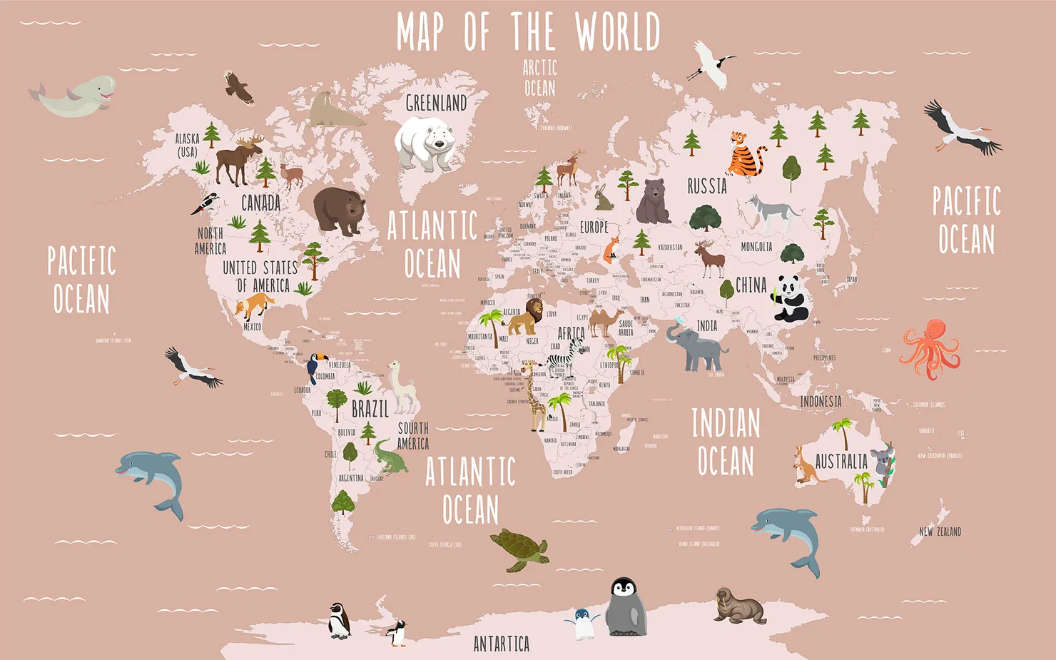 Pink Kids World Map and Sweet Animals Wallpaper Mural