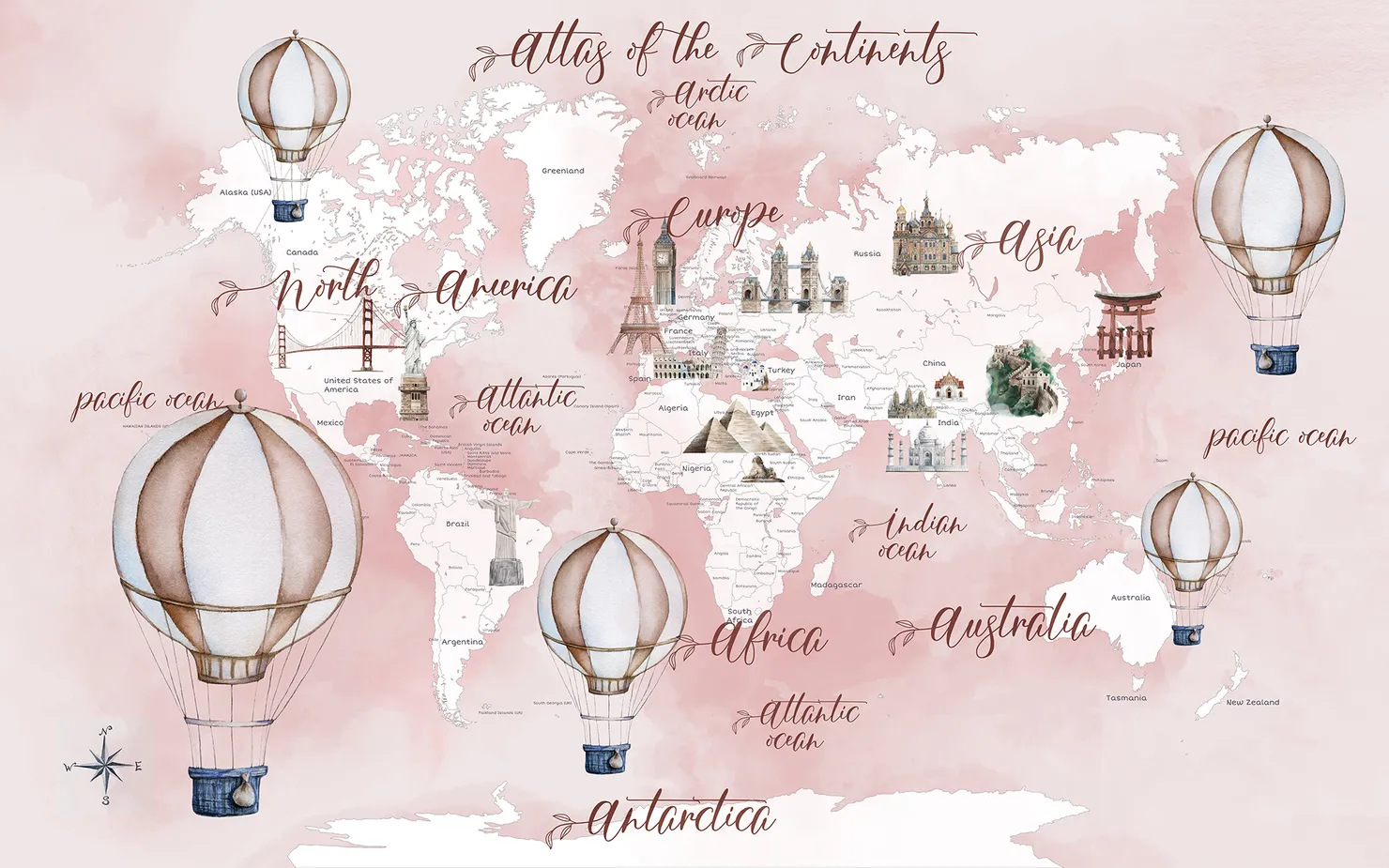 Kids Pink World Map And Hot Air Balloons Cultural Icons